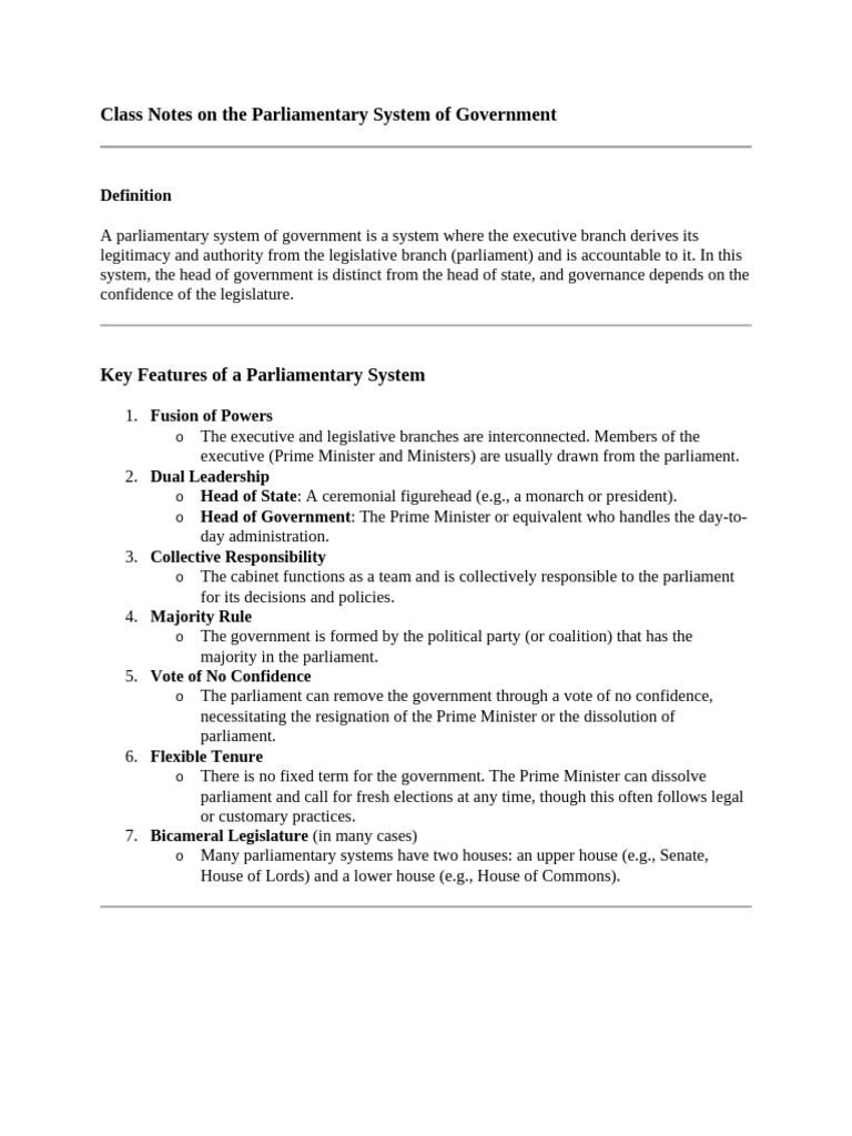 Class Notes On The Parliamentary System of Government | PDF | World ...