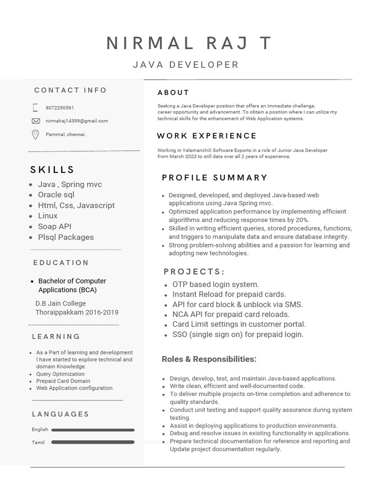 Nirmal Resume 1 | PDF | Java (Programming Language) | Databases