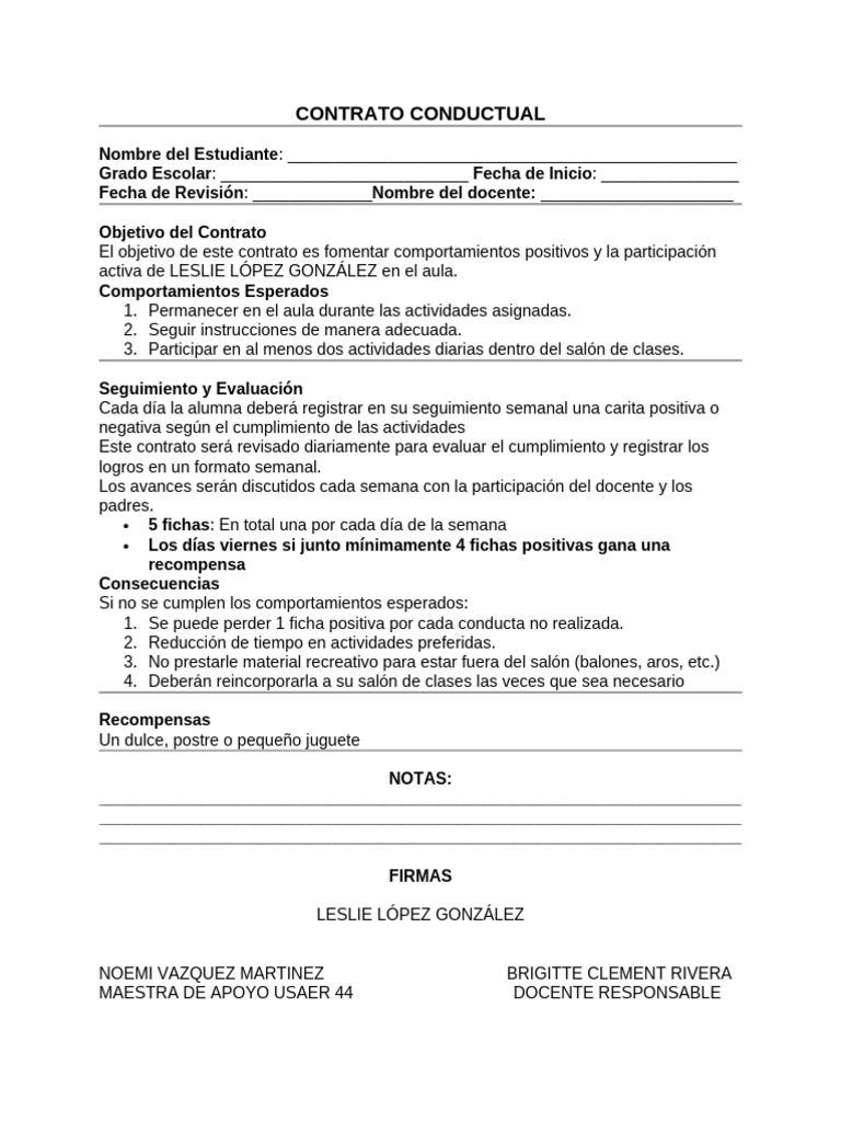 Contrato Conductual para Leslie López | PDF
