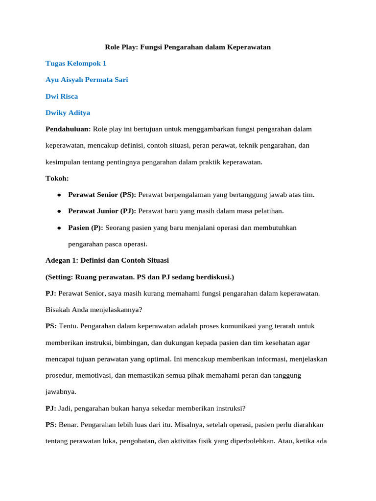 Naskah Role Play Fungsi Pengarahan Dalam Keperawatan | PDF