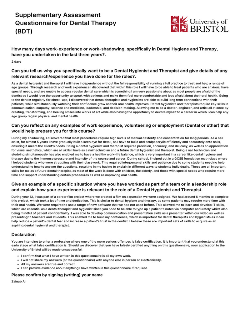 Dental Therapy Work Experience Questionnaire | PDF | Dental Hygienist ...