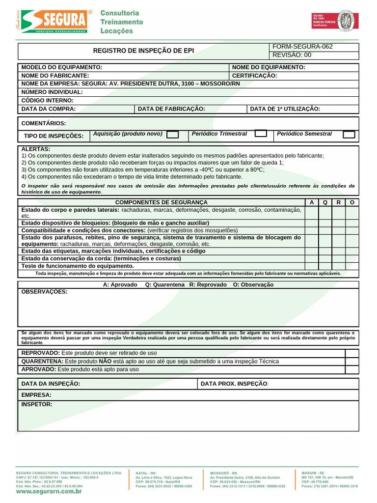 Registro de Ispeção de Epi - Descensor Automático de Resgate | PDF