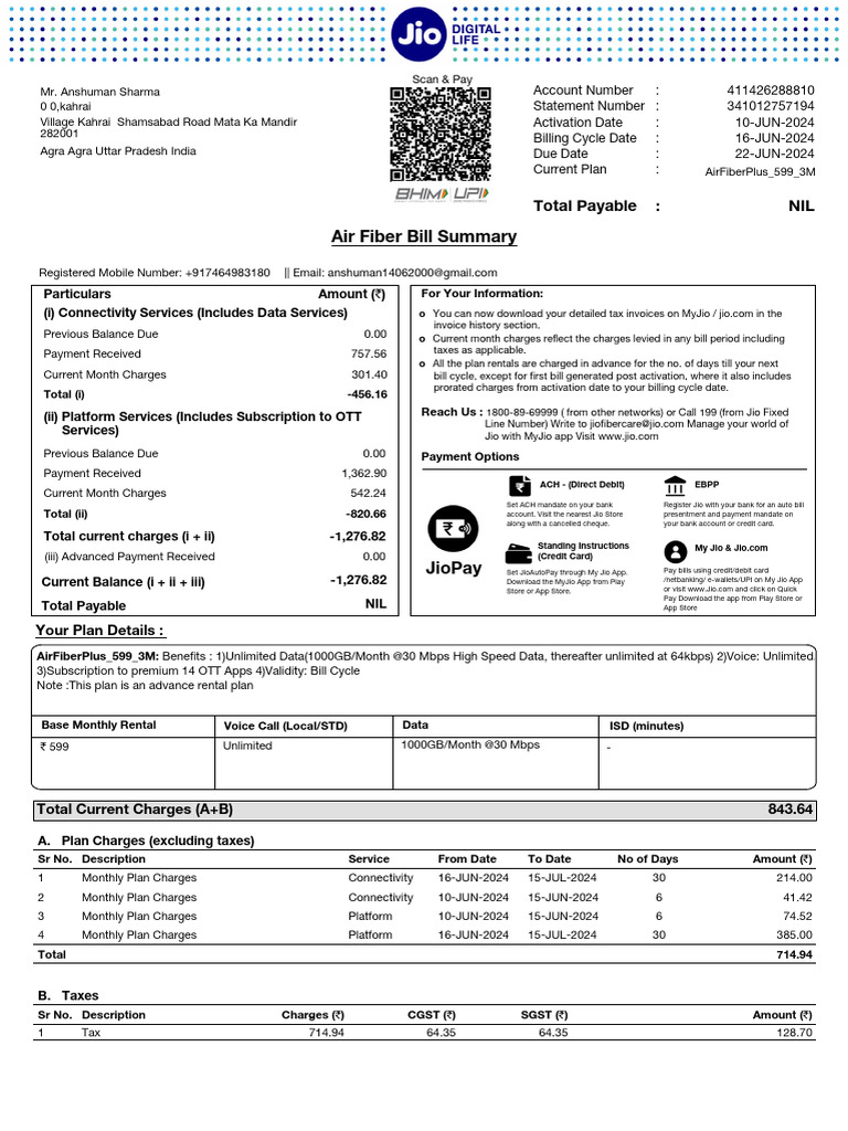 Air Fiber Bill Summary: Total Payable NIL | PDF | Payments | Banks