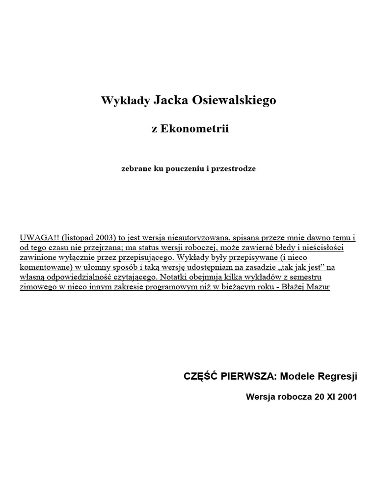Ekonometria Notatki | PDF