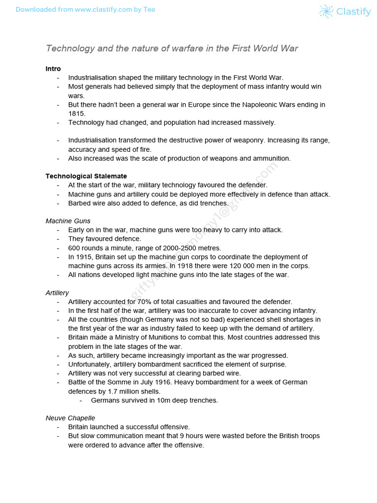 Technology and the nature of warfare in the First World War | PDF ...