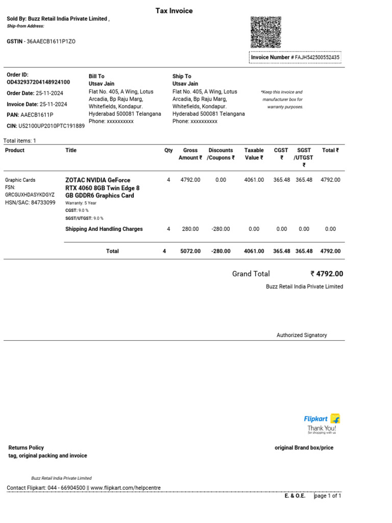 Zotac NVIDIA 4060 Invoice Utsav | PDF