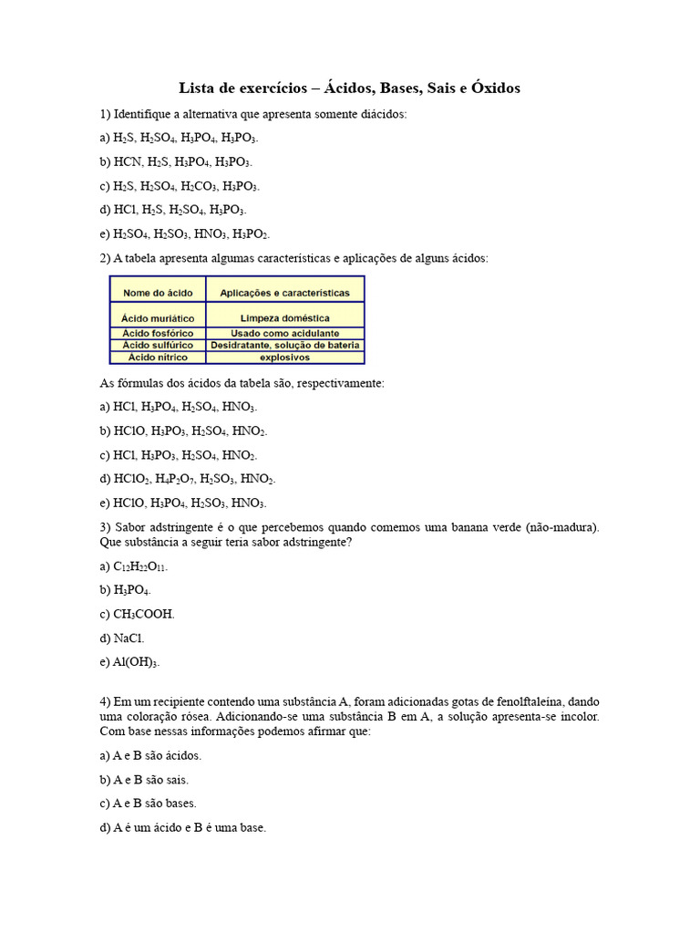 Lista de Exercícios - Acidos Bases Sais e Oxidos | PDF | Sal (Química) | Hidróxido de sódio