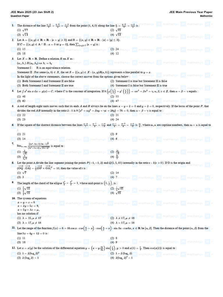JEE Main 2025 (23 Jan Shift 2) Previous Year Paper With Answer Keys | PDF | Geometry ...