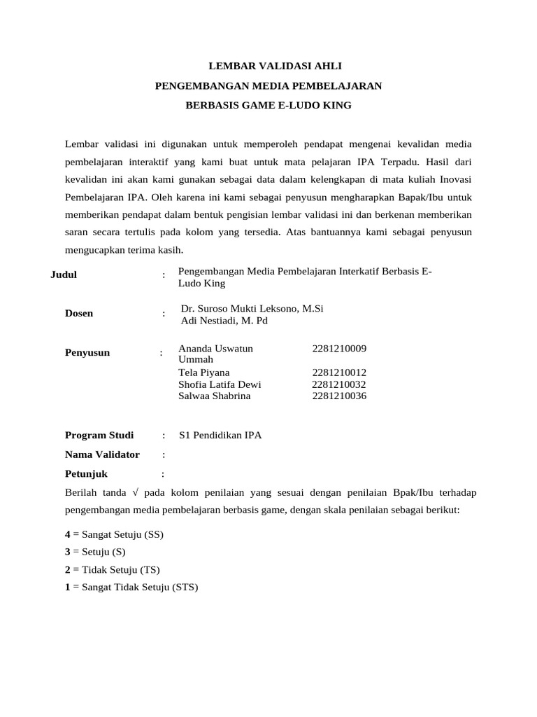 Lembar Validasi Media Pembelajaran E-ludo King | PDF
