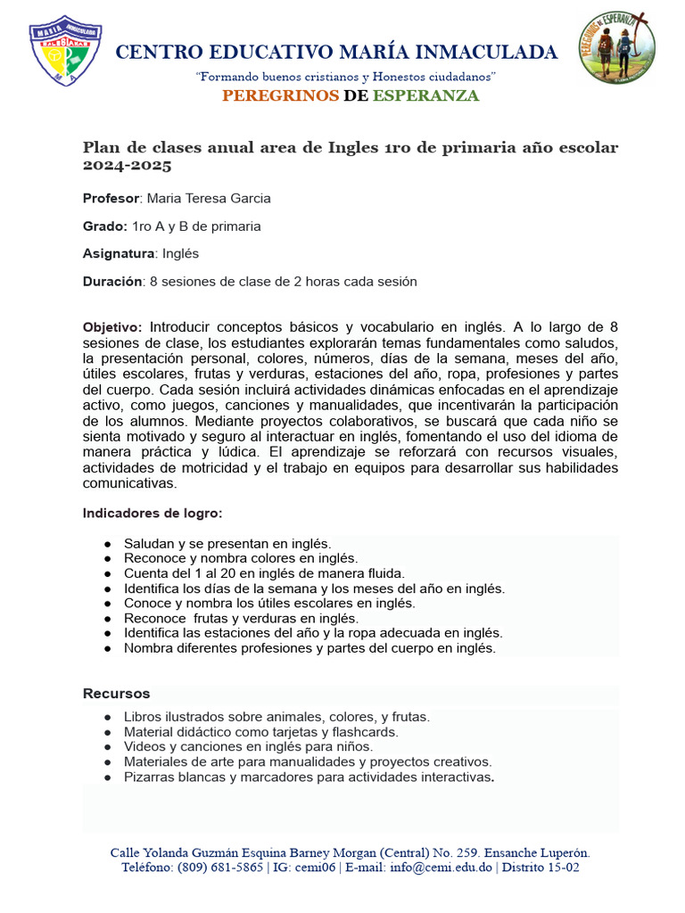 Plan anual de clases area de ingles.docx (2) | PDF | Aprendizaje