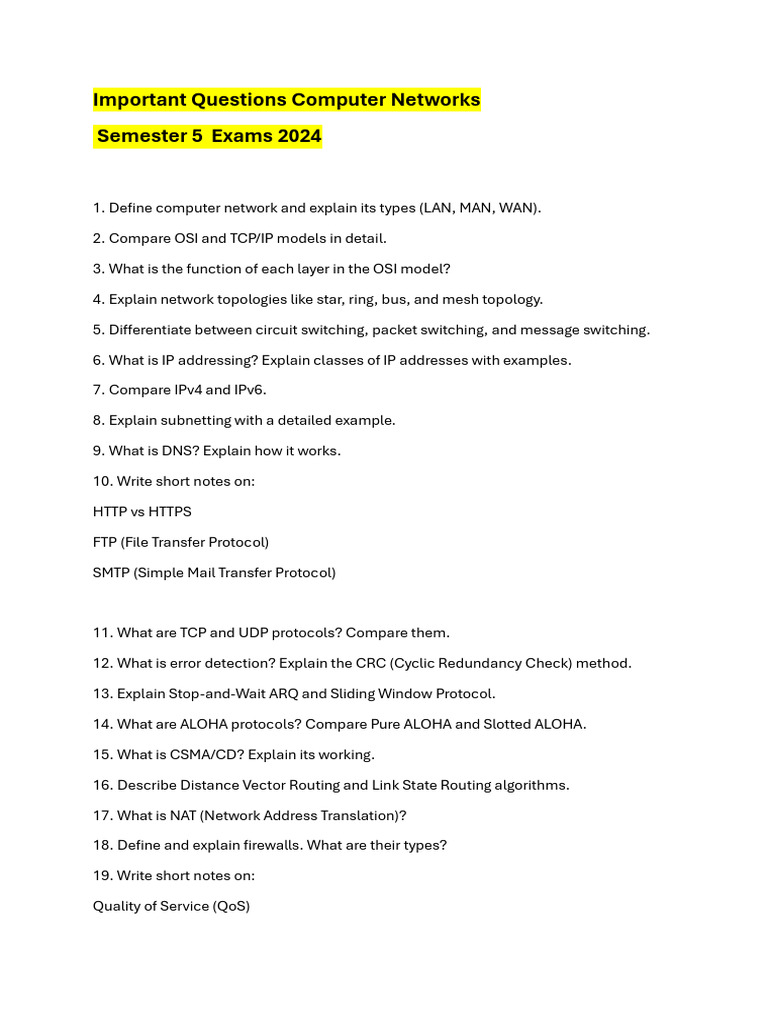 Key Computer Network Questions for Exams | PDF