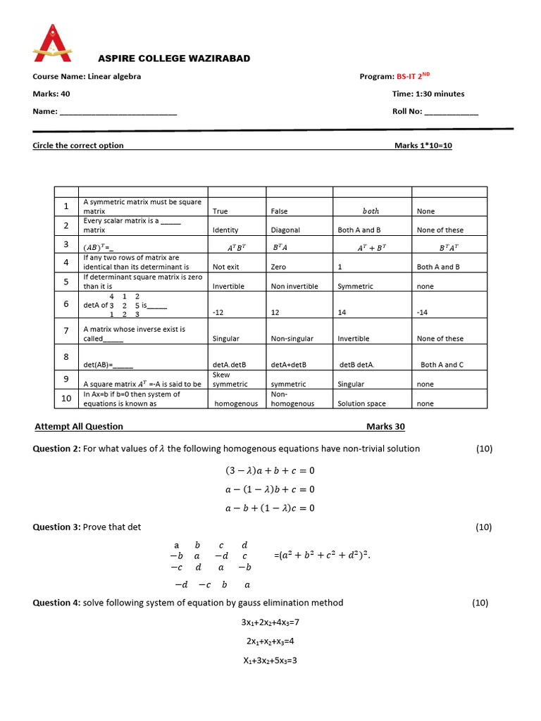 Linear Algebra BS IT 2nd Mid Term Sep 2023 | PDF | Matrix (Mathematics) | Abstract Algebra