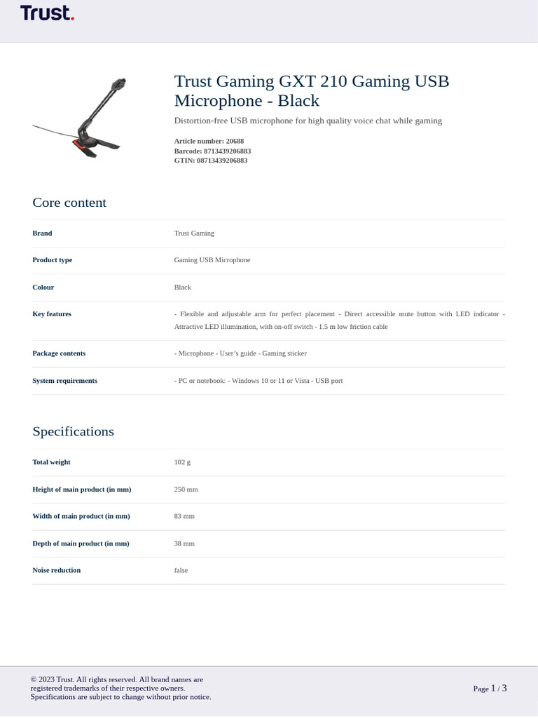 Microfon 20688-Trust Gaming-GXT 210-Datasheet - en | PDF | Microphone | Usb