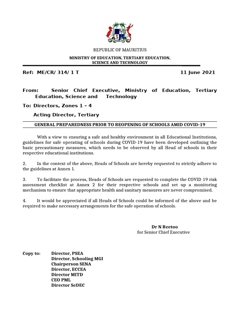 Circular - Guidelines For Safe Operating of Schools During Covid-19 | PDF