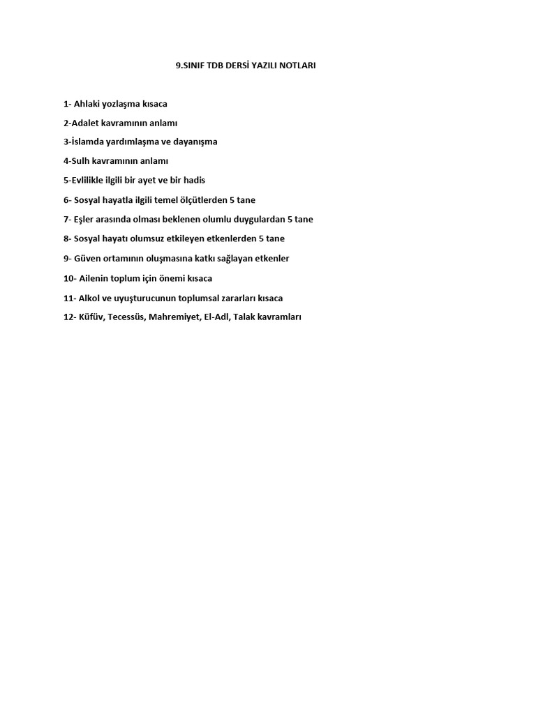 Sınıf TDB Yazılı Notları | PDF