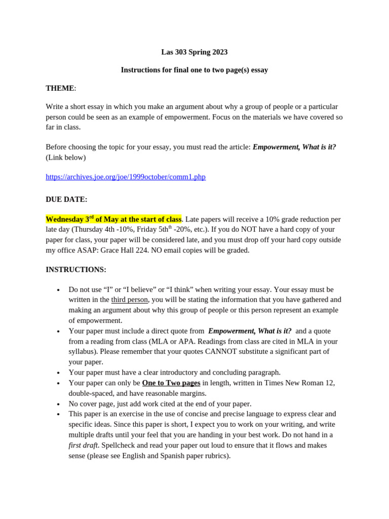 Instructions For Final One Page Paper Spa Las 303 Spring 2023 | PDF | Essays | Human Communication