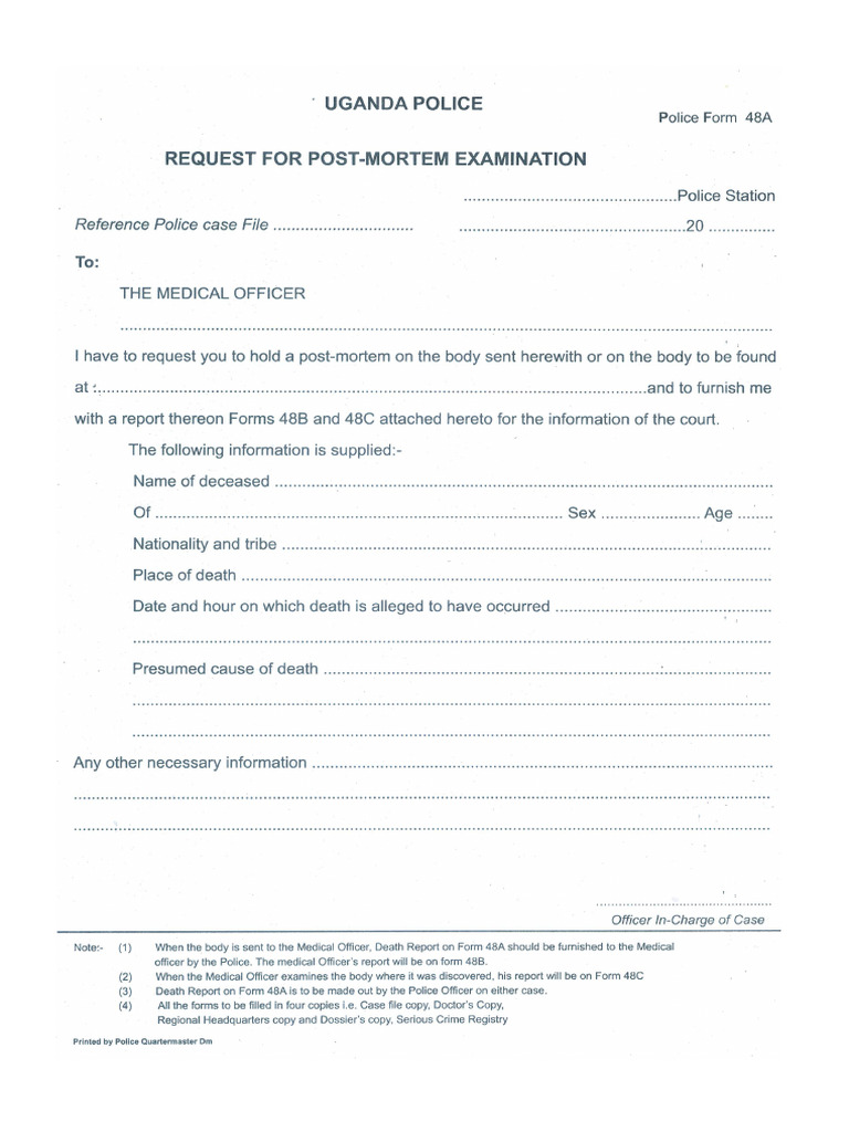 Request For Post Mortem Examination Police Form 48A | PDF