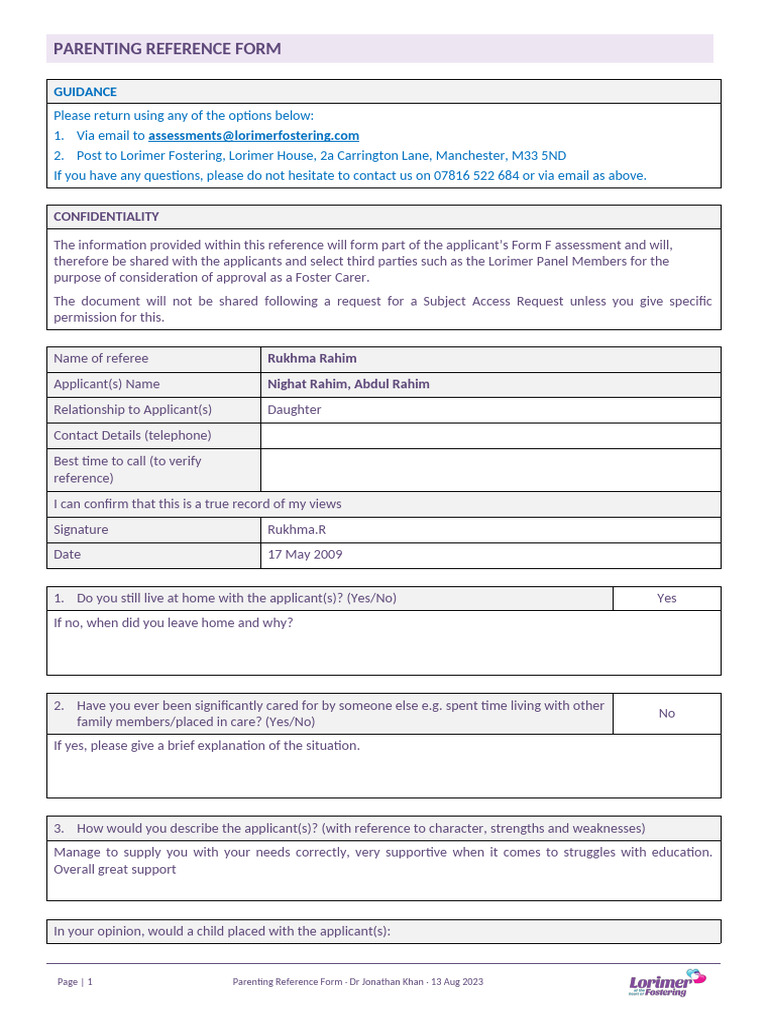 LF0456a Parenting Reference Form - Foster Carer - CHILD - DD MMM YYYY ...