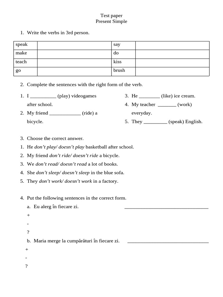 present simple-test paper 4th grade | PDF