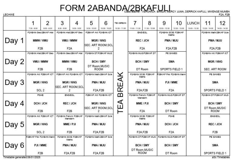 Form 2AB Timetable 2025 | PDF