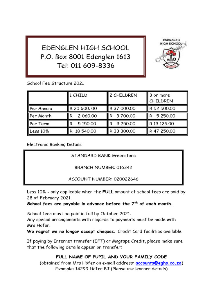 Edenglen High School Fee Structure 2021 | PDF