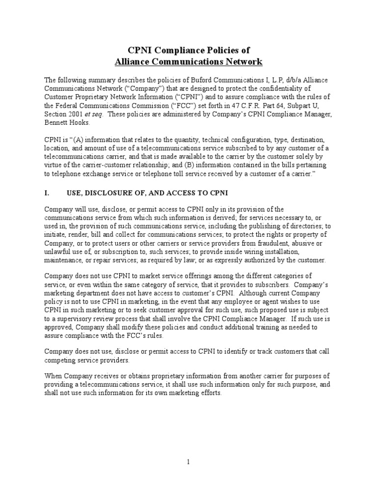 CPNI Compliance Policies of Alliance Communications Network: I. Use ...