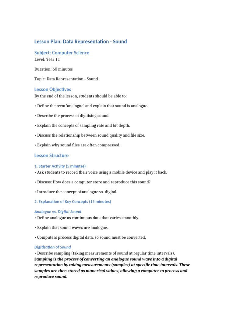 Lesson_Plan_Data_Representation_Sound | PDF | Data Compression | Sound