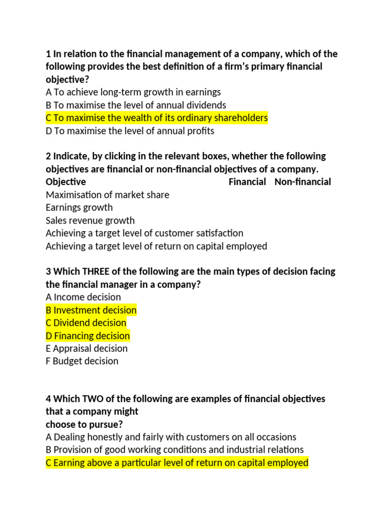 FM Ch 1 Questions Kit | PDF | Dividend | Corporate Governance