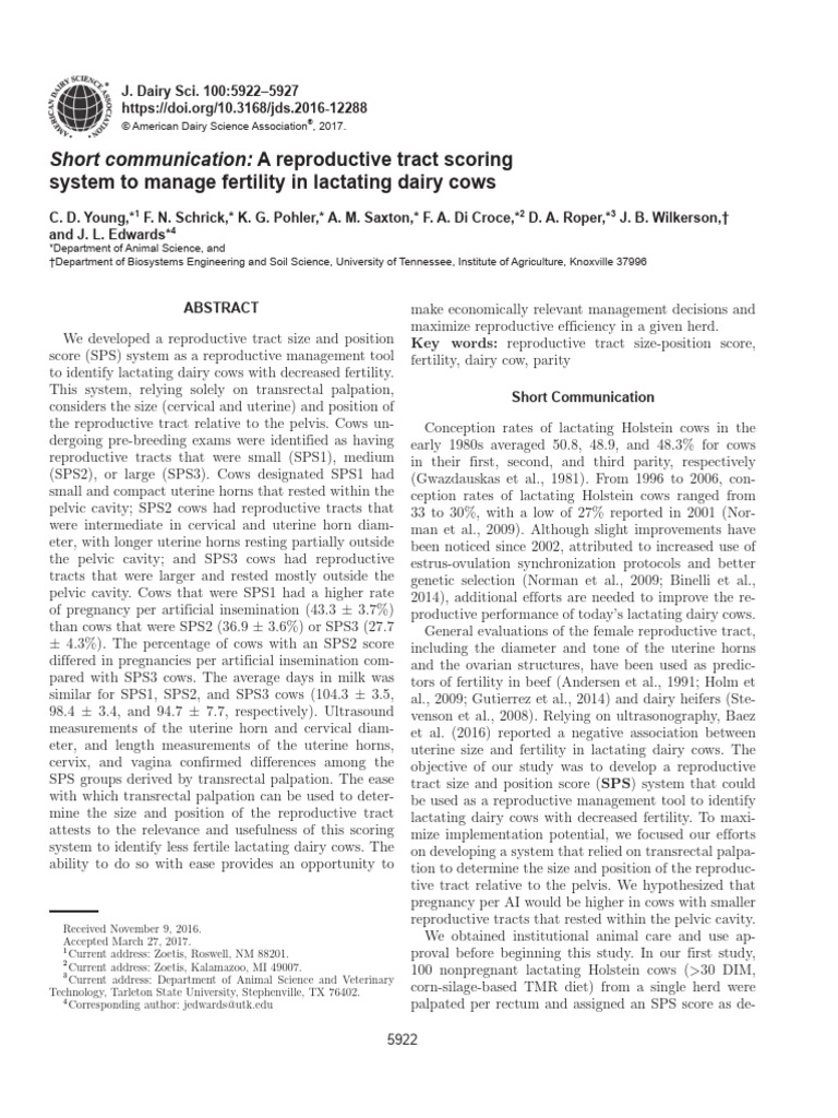 A Reproductive Tract Scoring System To Manage Fertility in Lactating ...