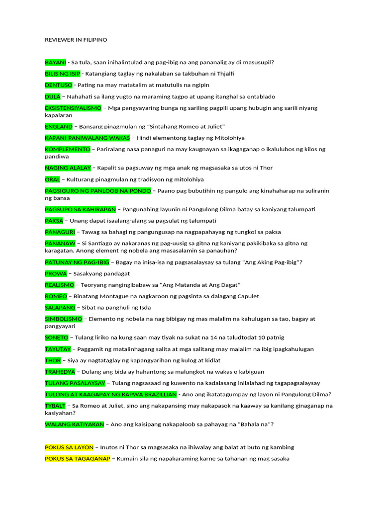 Reviewer in Filipino | PDF