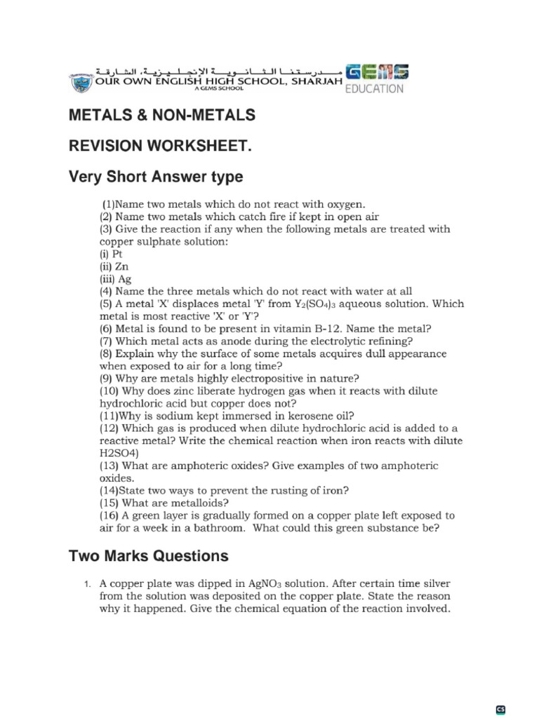 Metal and non-metals.Worksheet | PDF