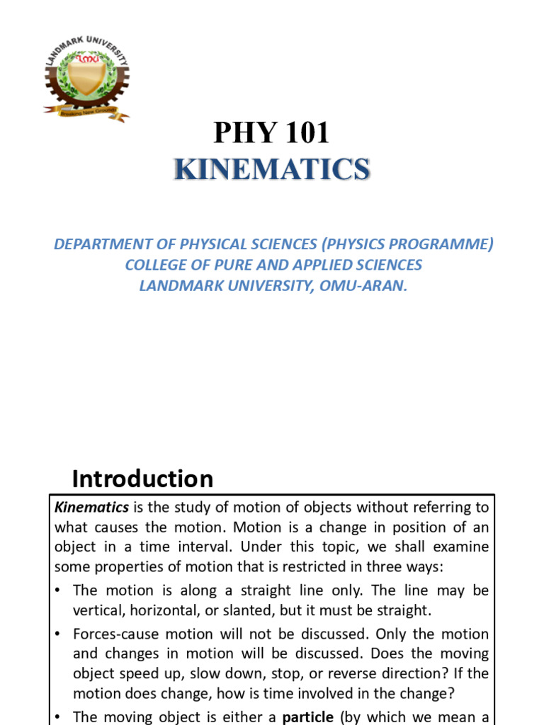 PHY 101 Kinematics - Students - Copy | PDF | Acceleration | Velocity