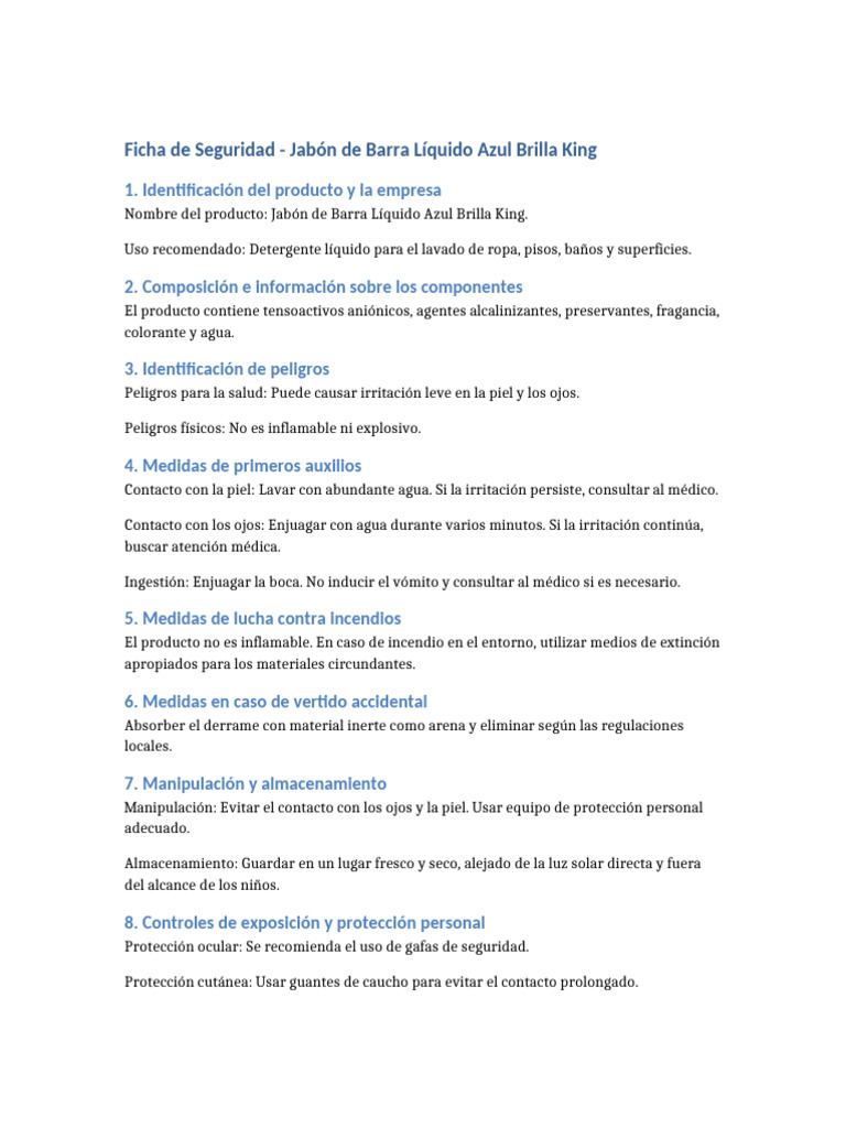 Ficha de Seguridad Jabón Líquido Brilla King | PDF | Detergente | Agua