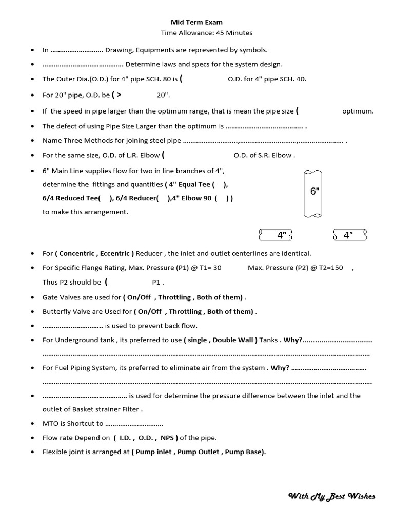 Mid Term Exam: Pipe Systems & Valves | PDF