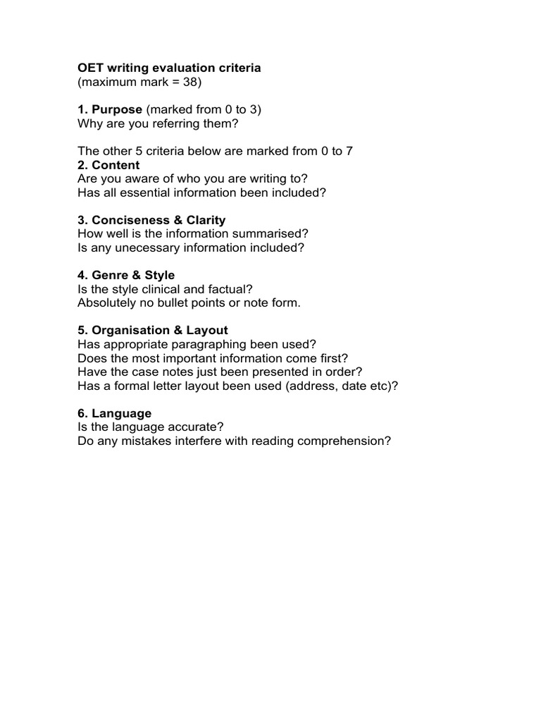 OET Writing Evaluation Criteria | PDF