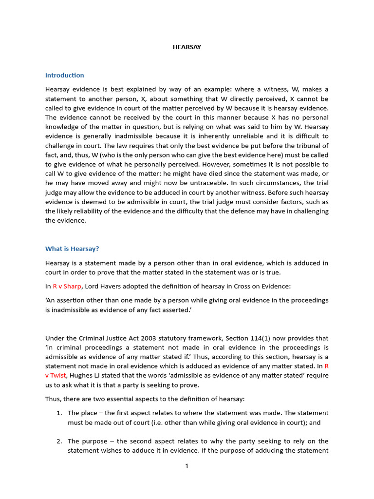 Topic 5 - Hearsay Evidence | PDF | Hearsay | Witness