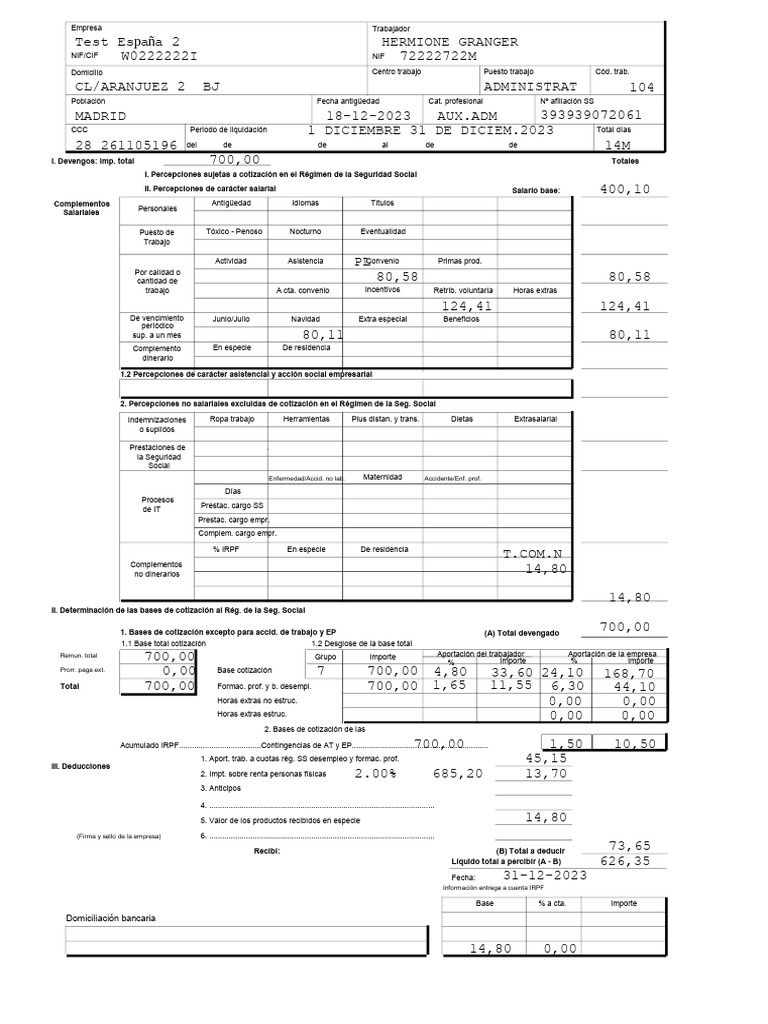 Nomina ES2 | PDF | Relaciones laborales | Sueldos y salarios