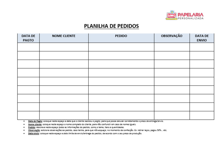 Planilha de Pedidos | PDF