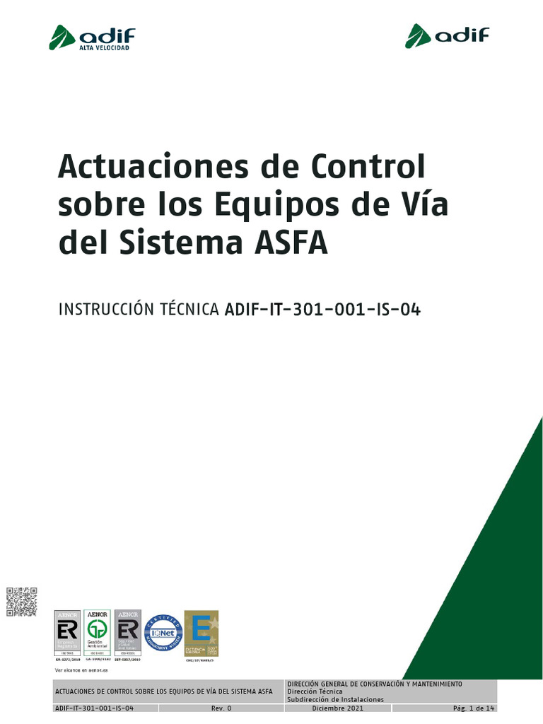 ADIF-IT-301-001-IS-04 Actuaciones de Control Sobre Los Equipos de Vía Del Sistema ASFA | PDF