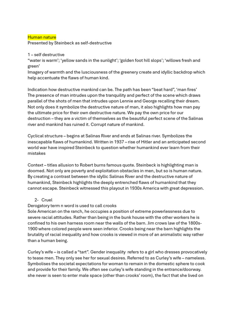 Of Mice and Men Themes and Characters | PDF | Masculinity | Slavery