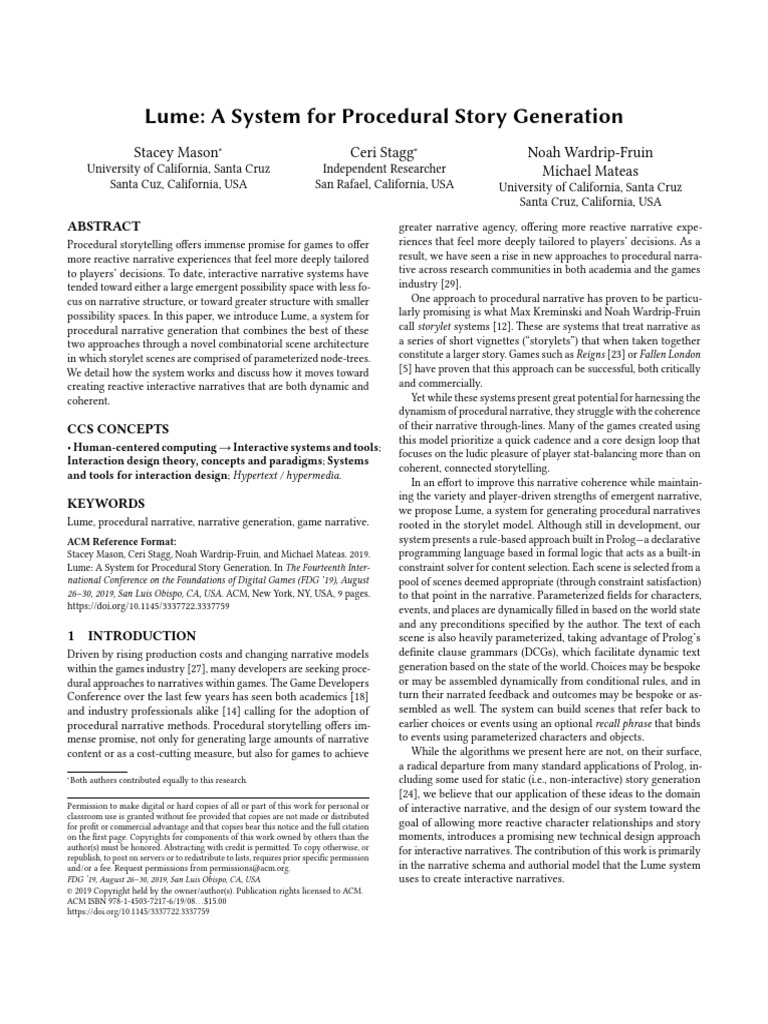 Lume - A System For Procedural Story Generation | PDF | Narrative