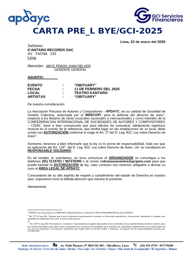 Carta Pre Resp Sol Teatro Kantaro 11.02.25 | PDF | Justicia | Crimen y violencia