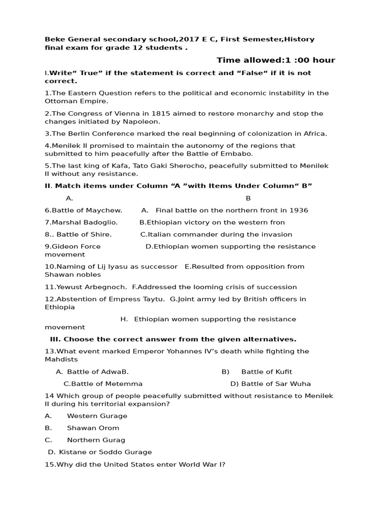 History Final Exam For G12 | PDF