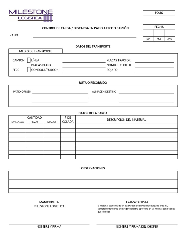 Formato de Control de Carga Descarga | PDF