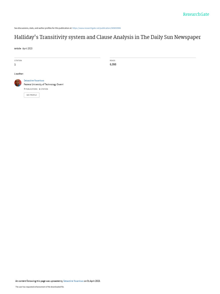 Analyzing Halliday's Transitivity System | PDF | Semantics | Clause
