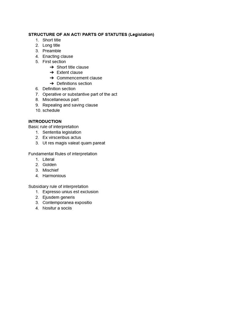 Structure of An Act - Parts of Statutes (Legislation) | PDF