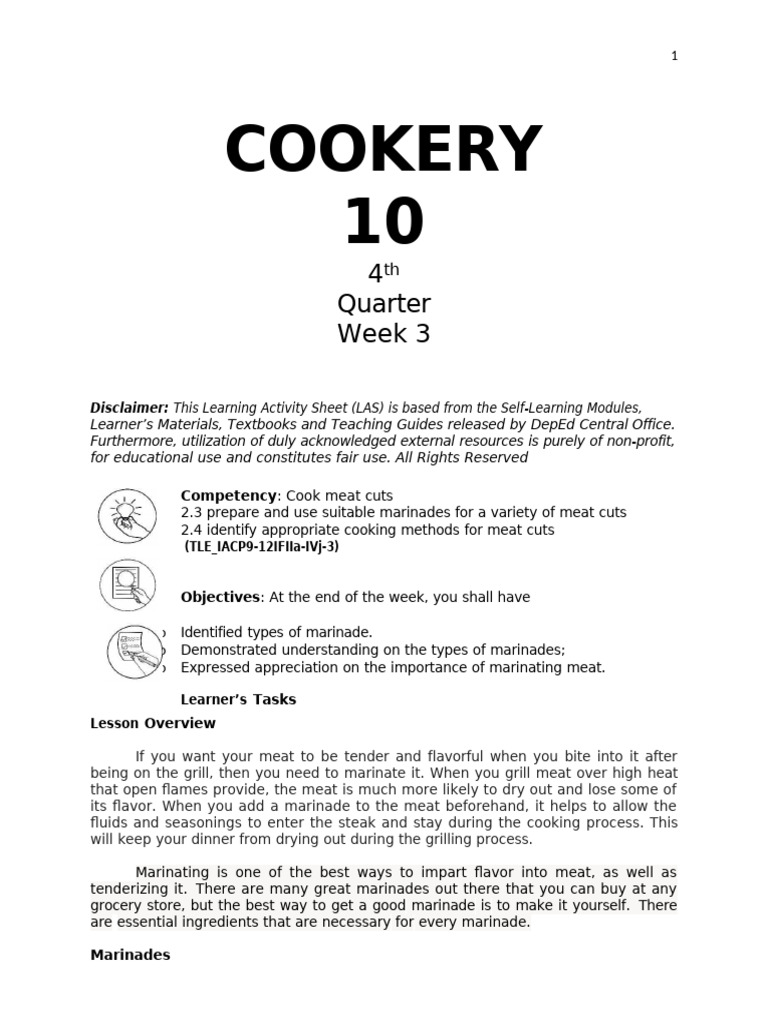 Tle Cookery10 q4 w3 Final | PDF | Marination | Mustard (Condiment)