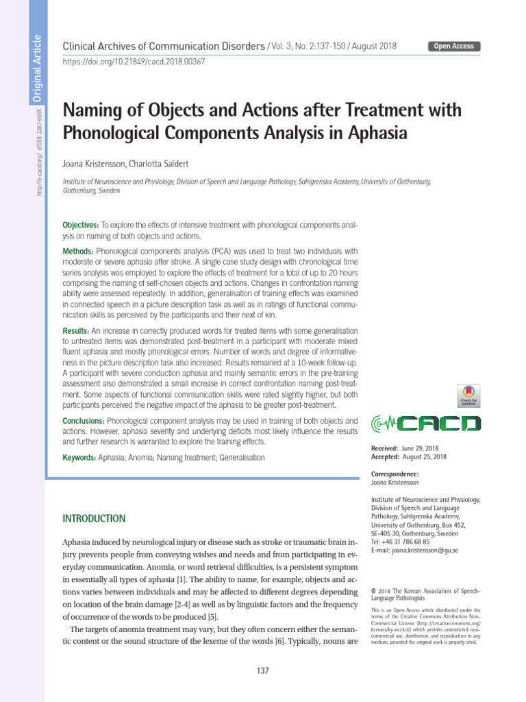 Naming of Objects and Actions After Treatment With | PDF | Aphasia | Cognitive Science