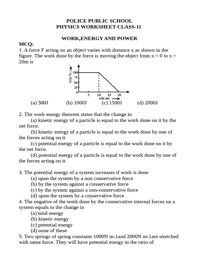 Class 11 Worksheet Work Energy Power | PDF | Collision | Force