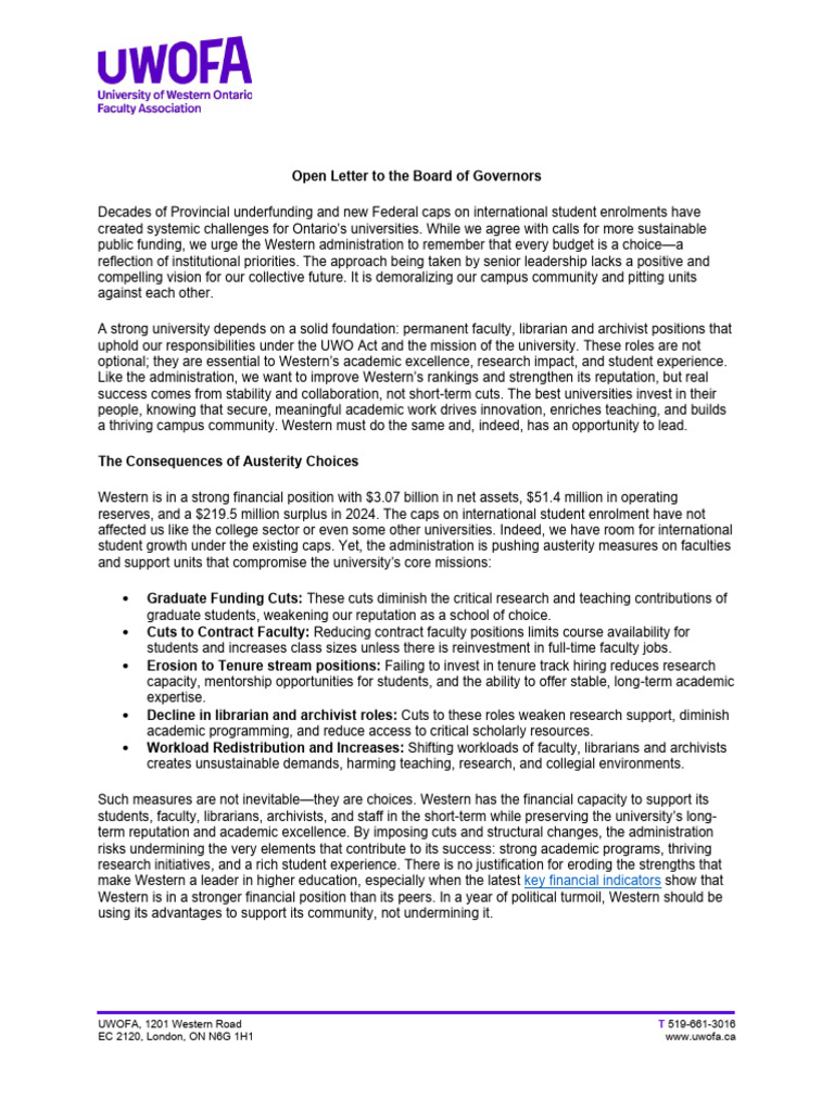 Open Letter to UWO Board of Governors | PDF | Austerity | University